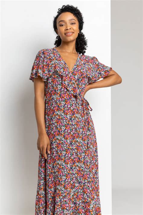 Petite Ditsy Floral Frill Wrap Midi Dress In Pink Roman UK