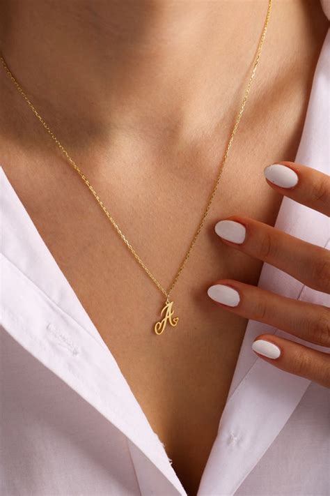 14k Solid Gold Initial Necklace With Heart Heart Initial Etsy