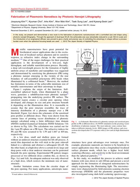 Fabrication Of Plasmonic Nanodiscs By Photonic Nanojet Lithography Pdf Photolithography
