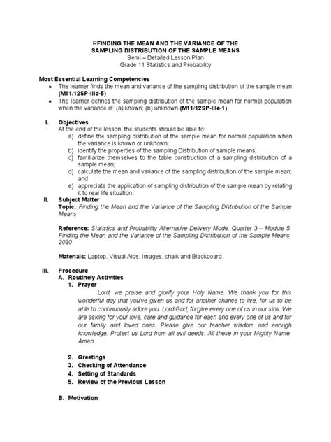 Lesson Plan In Random Variable Pdf Standard Error Standard Deviation