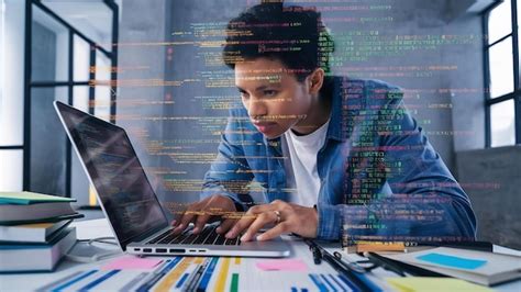 premium photo programming languages code with person and laptop