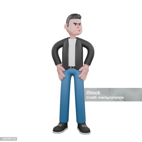 3d 스타일의 음악가 캐릭터입니다 남성 음악가가 허리에 손을 얹고 화난 표정으로 고개를 옆으로 돌린 채 서 있습니다 노래 재능 3차원 형태에 대한 스톡 사진 및 기타 이미지