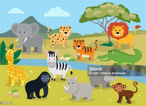 Stock Ilustrace Divoká Zvířata S Krajinou Roztomilý Kreslený Vektor