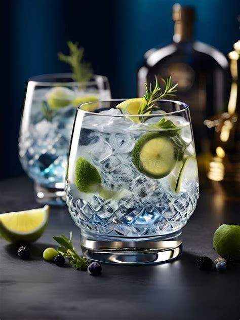 Alcoholic Drink Gin Tonic Cocktail With Lemon Rosemary And Ice Stock