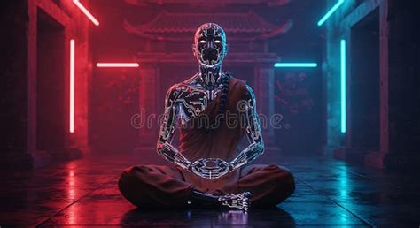Meditating Robot Wearing Monk Robe In A Neon Lit Temple Stock Illustration Illustration Of