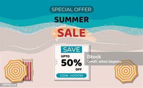 스페셜 프로모션 여름 시즌 세일 바우처 할인 쿠폰 템플릿 해변 우산과 의자 배경 여름에 대한 스톡 벡터 아트 및 기타 이미지 여름 해변 쿠폰 Istock
