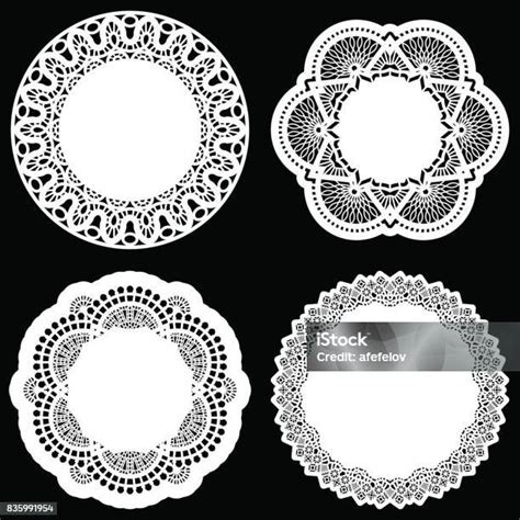 레이스 종이 받침 용 냅킨 케이크 절단 인사말 요소 벡터 일러스트 레이 션에 대 한 서식 파일을 장식 하는 탁상용 라운드 디자인 요소의 집합 가위에 대한 스톡 벡터 아트 및