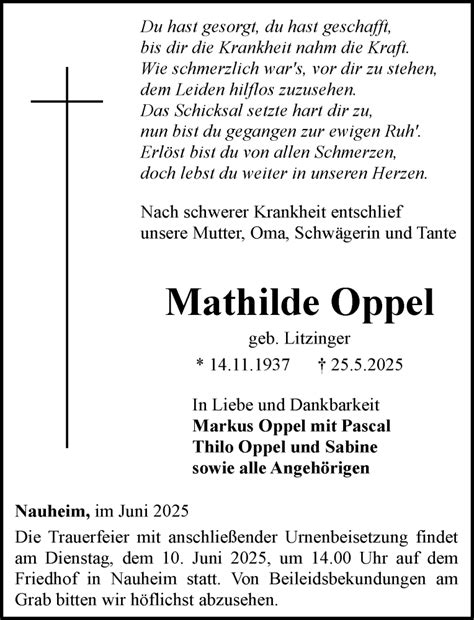 Traueranzeigen Von Mathilde Oppel Vrm Trauer De