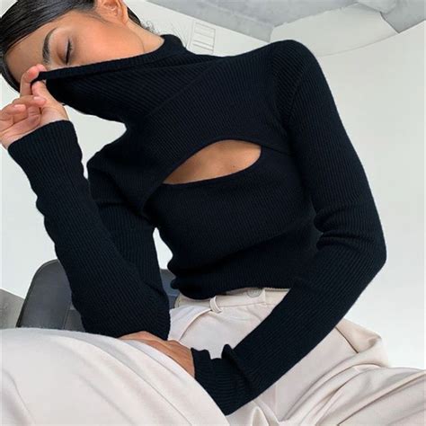 Wish外贸ebay跨境新秋冬款露胸长袖针织卫衣女装欧美单件上衣热销 阿里巴巴