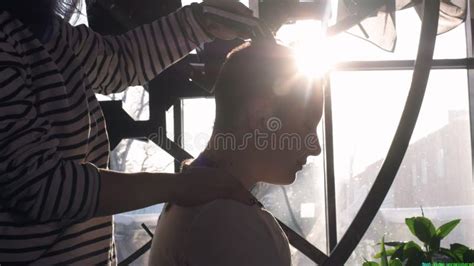 Young Attractive Girl Shaves Her Hair On Her Head Shaves His Head With