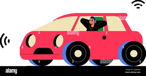 Self Driving Car With Relaxed Passenger In Flat Vector Illustration