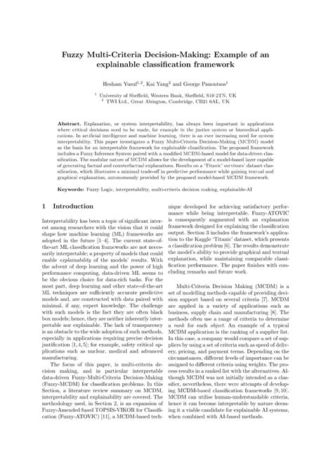 PDF Fuzzy Multi Criteria Decision Making Example Of An Explainable