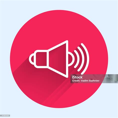흰색 선 스피커 볼륨 오디오 음성 사운드 기호 긴 그림자로 격리된 미디어 음악 아이콘 빨간색 원 버튼 벡터 스피커에 대한 스톡
