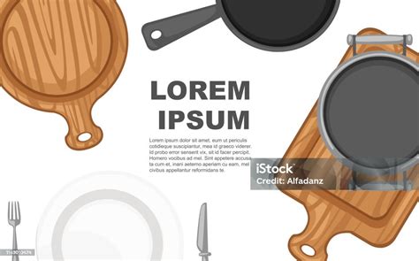 주방 용품 세트 나무 도마 팬 프라이팬과 흰색 세라믹 플레이트 웹 사이트 또는 레스토랑 메뉴 라벨에 대한 다채로운 개념 흰색