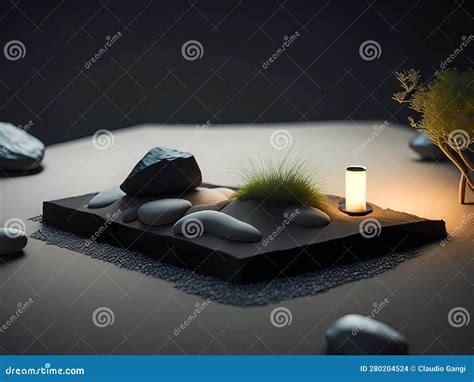Minimal Relaxing Japanese Zen Garden Quiet Landscape Stock Illustration
