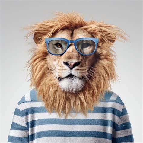 Premium Ai Image Funny Lion In Striped Shirt And Glasses Minimal