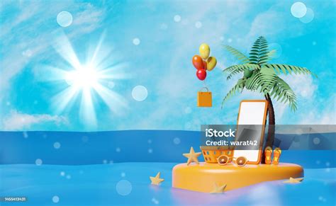 휴대 전화 스마트 폰 풍선 손바닥 쇼핑 종이 봉지 바구니 샌들 불가사리 푸른 하늘 배경에 고립 된 선글라스 쇼핑 여름 판매 개념 3d 그림 또는 3d 렌더링으로 무대 연단