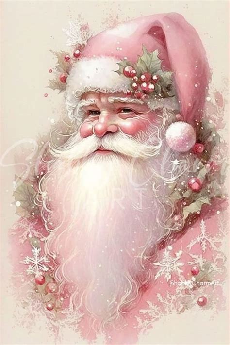 Shabby Chic Pink Vintage Style Christmas Santa Wall Art 10 X 15 Inches