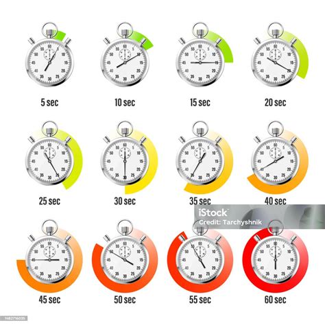 현실적인 클래식 스톱워치 샤이니 메탈 크로노미터 다이얼이 있는 타임 카운터 분과 초를 보여주는 다채로운 카운트 다운 타이머 스포츠 시작 및 종료에 대한 시간 측정 벡터 그림
