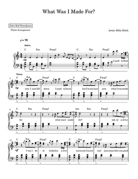 Billie Eilish What Was I Made For Piano Sheet 樂譜 By John Rod Dondoyano
