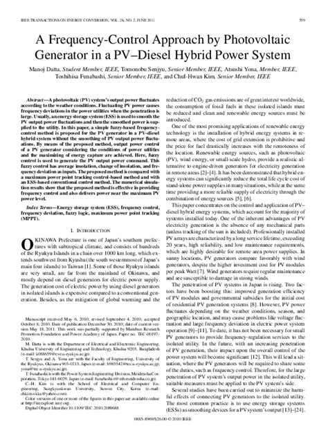 Pdf A Frequency Control Approach By Photovoltaic Generator In A Pvdiesel Hybrid Power System