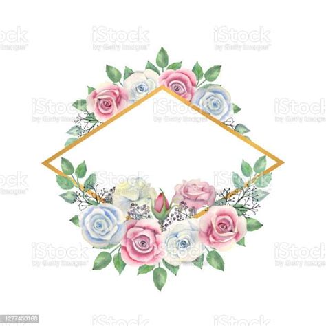 블루와 핑크 장미 꽃 녹색 잎 골드 다이아몬드 모양의 프레임에 딸기 수채화 일러스트레이션 0명에 대한 스톡 벡터 아트 및 기타