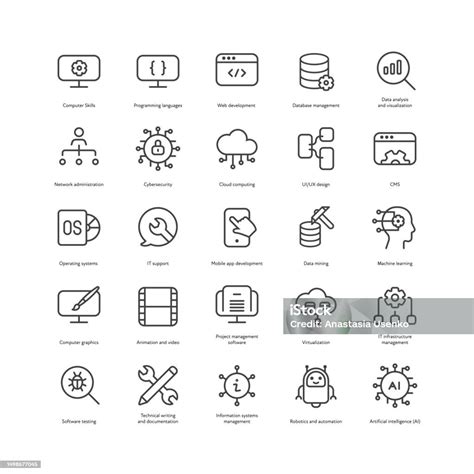 개요 스타일 Ui 아이콘 하드 기술 기술 컬렉션입니다 벡터 검정 선형 아이콘 그림 세트입니다 프로그래밍 빅 데이터 관리 기호는 흰색 배경에 분리되어 있습니다 디자인 요소