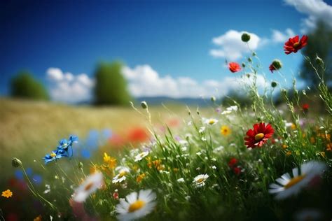 Premium Photo A Field Of Grass And Flowers Under A Blue Sky