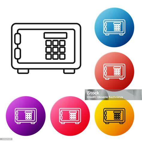 흰색 배경에 격리 된 검은 색 선 안전 아이콘입니다 도어는 조합 잠금 장치가있는 은행 금고를 안전하게 보호합니다 신뢰할 수 있는 데이터 보호 아이콘 다채로운 원 버튼을