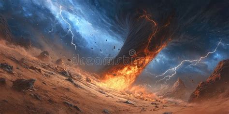 Apocalyptic Tornado Scene With Dramatic Lightning And Fiery Vortex Over