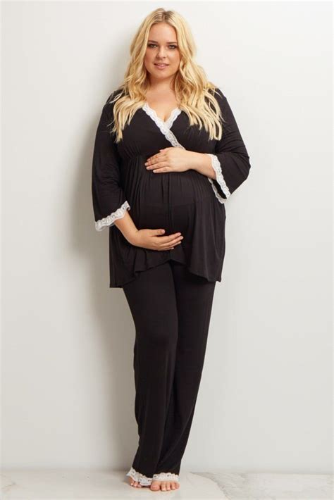 Pinkblush Black Lace Trim Plus Maternity Pajama Set Maternity Pajama