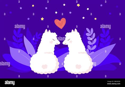 Two Alpacas Or Llamas Romantic Night Of Love Funny Flat Cartoon
