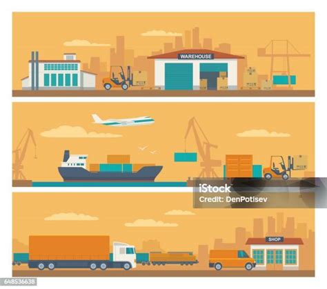 물류 개념 플랫 배너 생산 과정에서 공장이 게 창 고 배 트럭 자동차입니다 비즈니스 정보 그래픽 웹 프레 젠 테이 션 광고에 대 한 넓은 파노라마 벡터 일러스트 상업 부두에