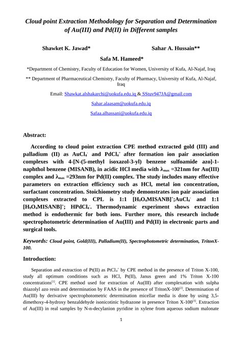 Pdf Cloud Point Extraction Methodology For Separation And Determination Of Au Iii And Pd Ii