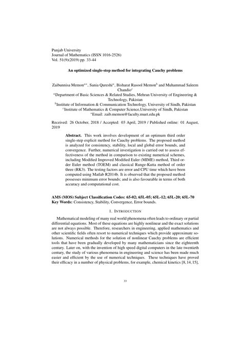 Pdf An Optimized Single Step Method For Integrating Cauchy Problems