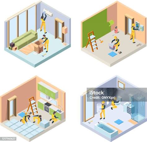복구 아이소메트릭 리노베이션 바닥 페인팅 벽 수리 욕실 하우스 룸 벡터 일러스트 사람들 등측투영법에 대한 스톡 벡터 아트 및 기타 이미지 등측투영법 리노베이션 벽