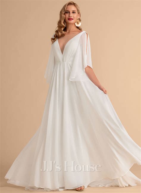 A Line V Neck Sweep Train Chiffon Wedding Dress JJ S House