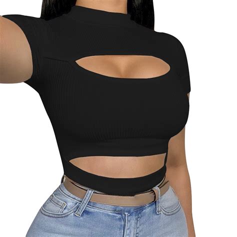 Zhaghmin Womens Cutout Turtleneck T Shirts Basic Crop Tops Casual Slim