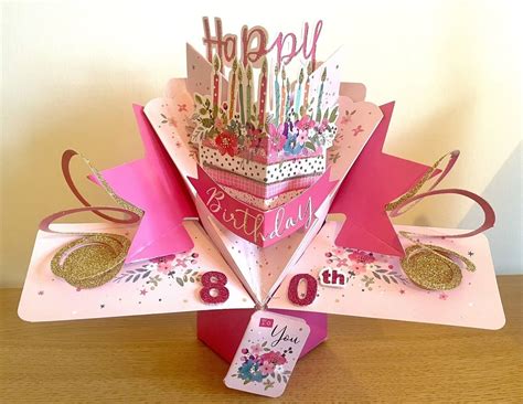 80th Birthday Pop Up 3d Card Keepsake Flowers Female Mum Gran Grandma