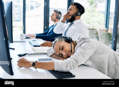 Tired Sleeping In Call Center And Team Burnout While Giving Customer Service Consulting Online