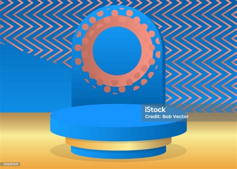 추상적인 밝은 빨강 금색 및 파란색 모형 제품 디스플레이 프리젠테이션을 위한 벡터 실린더 받침대 연단 최소한의 기하학적 무대 쇼케이스 0명에 대한 스톡 벡터 아트 및 기타