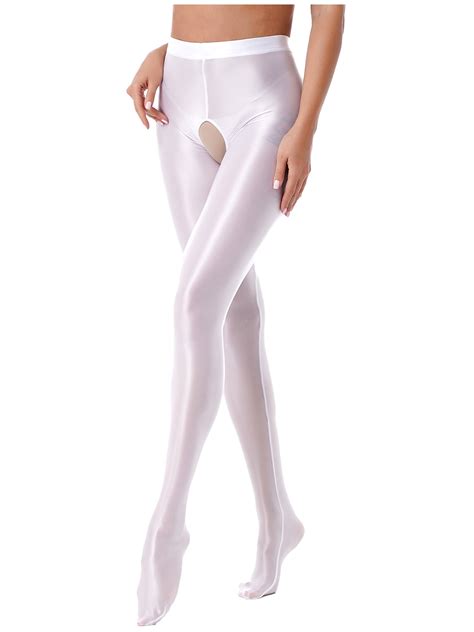 Alvivi Womens Oily Glossy Opaque Crotchless Pantyhose Stretchy Full