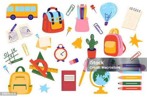 학용품은 평면 그래픽 디자인으로 설정되어 있습니다 노란색 버스 책가방 노트 전구 공책 스티커 자 연필 펜 선인장 지구본 크레용 기타의 컬렉션 요소 벡터 일러스트 레이 션