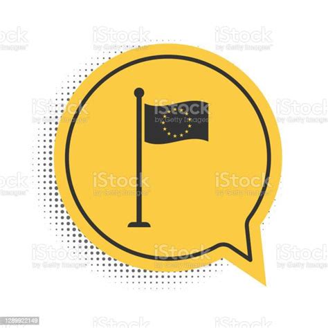 白い背景に隔離された欧州連合のアイコンの黒旗eu 円記号金属製のポールにeuの旗を振る黄色の吹き出しのバブル記号ベクトル セリフ吹き出しの