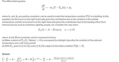 Solved The Differential Equation Dt Dt Kı [t Tm T ] Ao