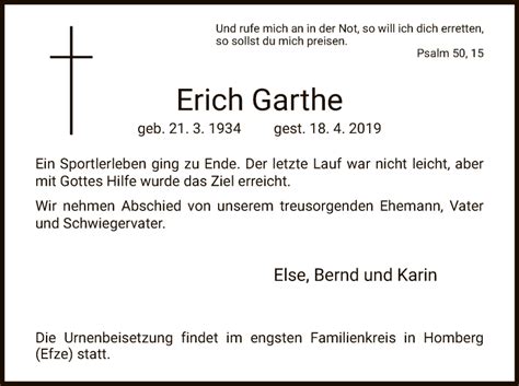 Traueranzeigen Von Erich Garthe Trauer HNA De