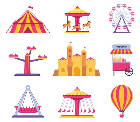 Amusement Park Icons Carnival Circus Tent Ferris Wheel Roller