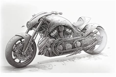 Detailed Pencil Sketch Of Custom Built Motorcycle With Intricate