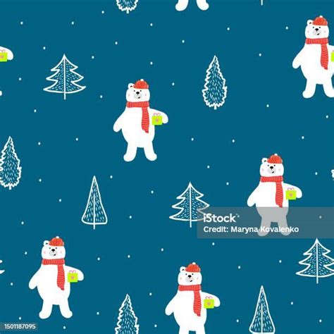 북극곰 배달 Tbox 크리스마스 원활한 패턴 흰 곰과 양식화 된 전나무 겨울 인쇄 포장지 인테리어 및 표지 디자인 웹 페이지 배경 어린이 패션 유치한 섬유 0명에 대한