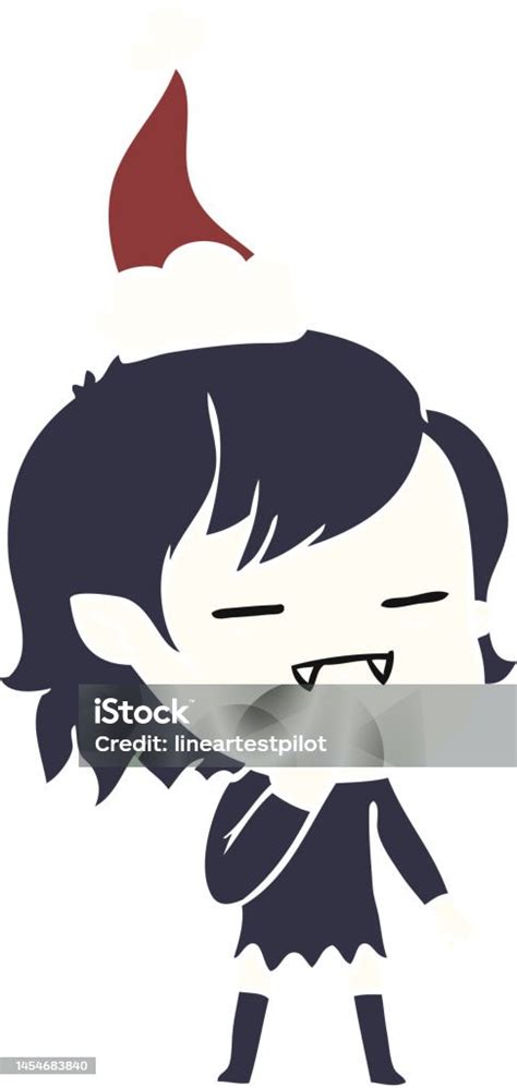 산타 모자를 쓴 언데드 뱀파이어 소녀의 손으로 그린 평면 컬러 그림 0명에 대한 스톡 벡터 아트 및 기타 이미지 0명